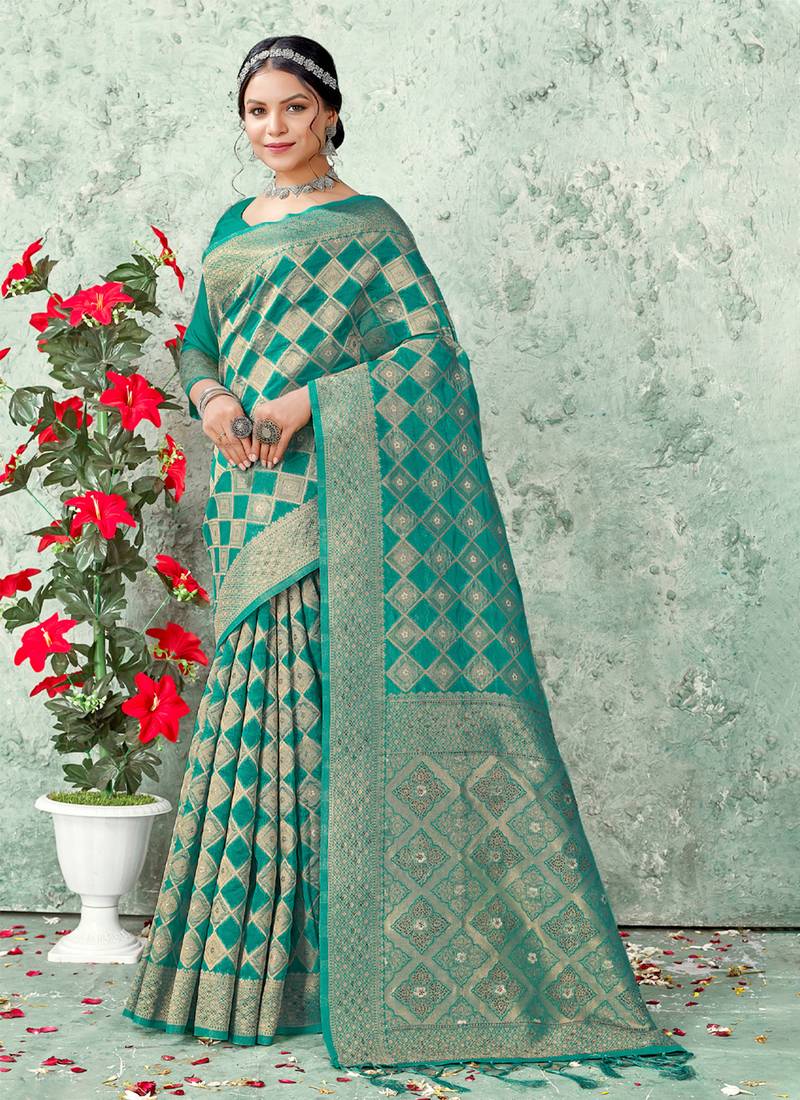 Rama Colour Heavy Wevon Designer Organza Saree For Party Looks - KSM ...