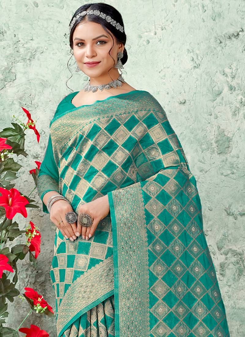 Rama Colour Heavy Wevon Designer Organza Saree For Party Looks - KSM ...