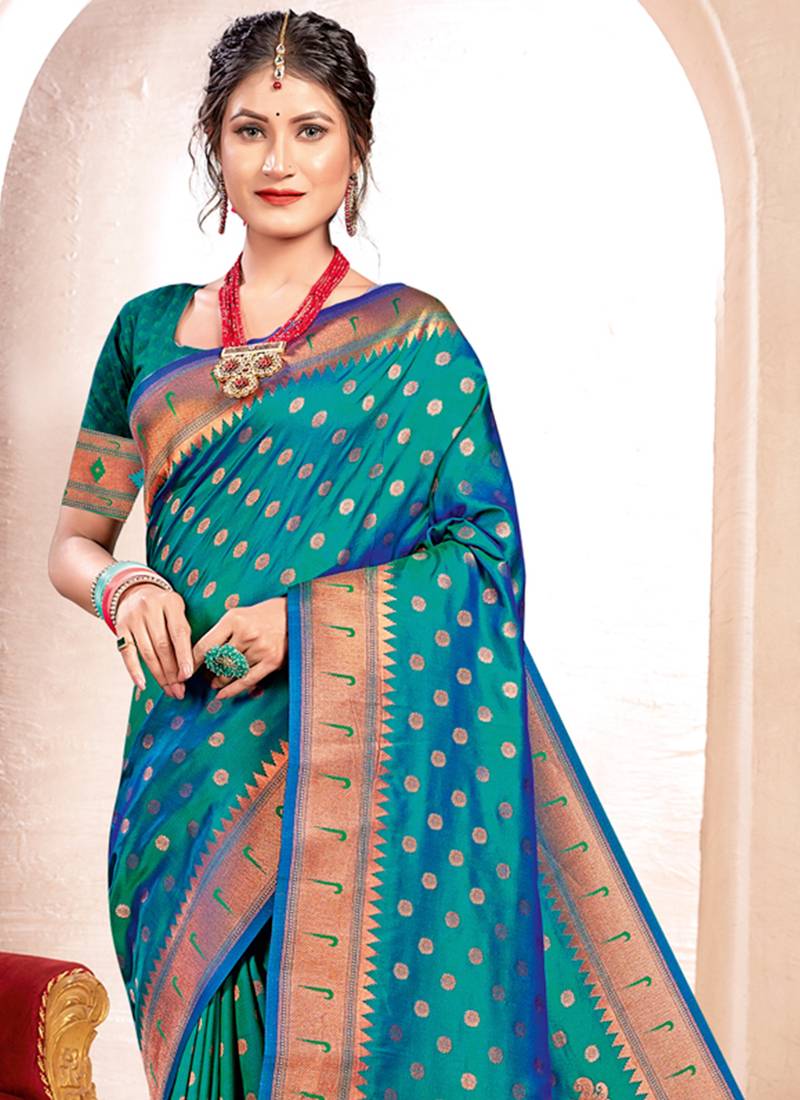 Firozi Colour Paithani Silk Woven Designer Work Saree For Traditional ...