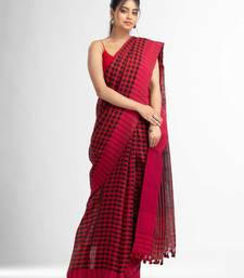 Red and black gamchha check with black pallu in solitd border handwoven linen saree - Angoshobha ...
