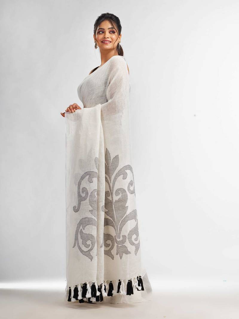 White jamdani handwoven linen saree - Angoshobha - 4140594