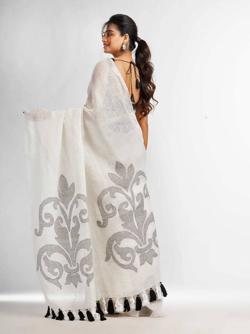 White jamdani handwoven linen saree - Angoshobha - 4140594