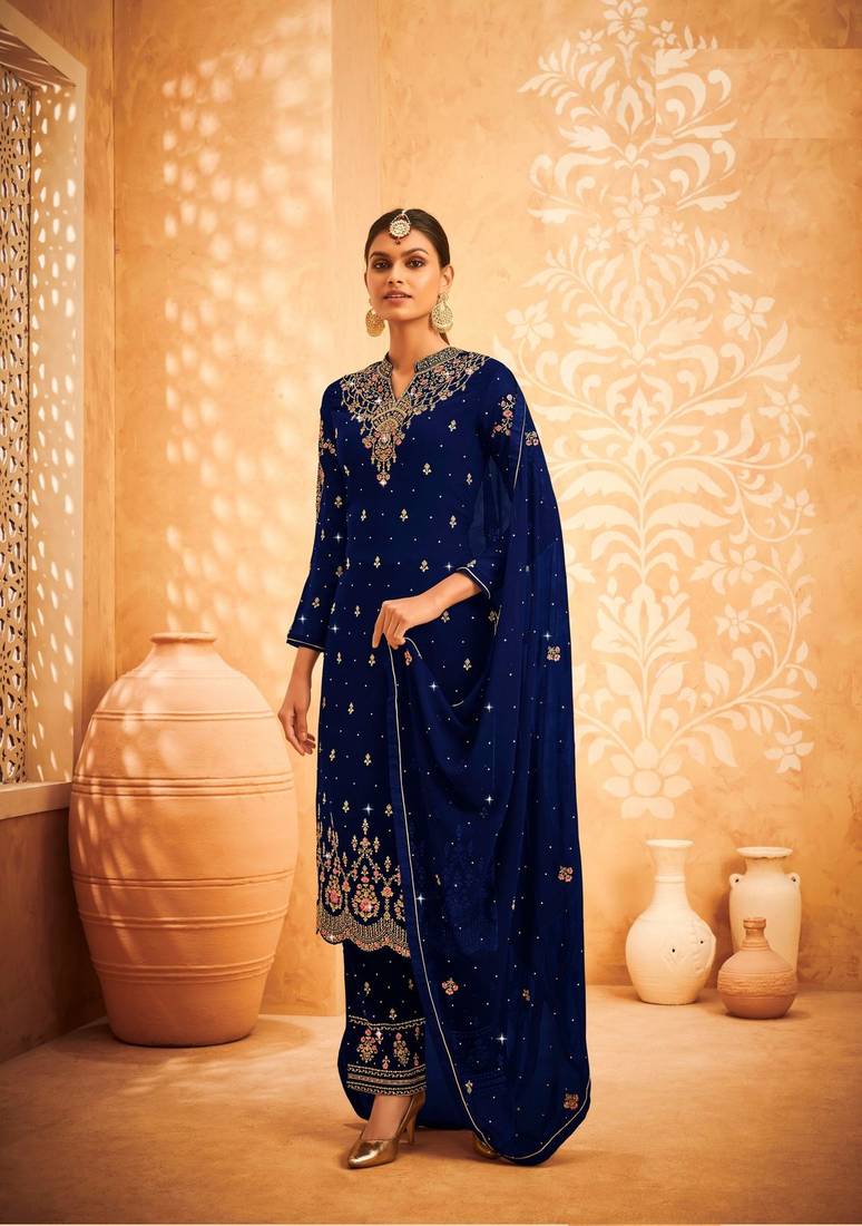 Nevy Blue Heavy Thread,Jari Embroidery,Stone Work Faux Georgette ...