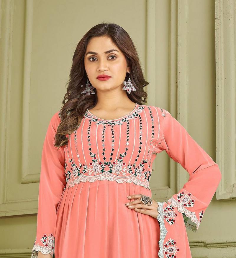 Salmon Designer Multy,Real Mirror Embroidery Work Faux Georgette unstitched Long Length Kameez ...