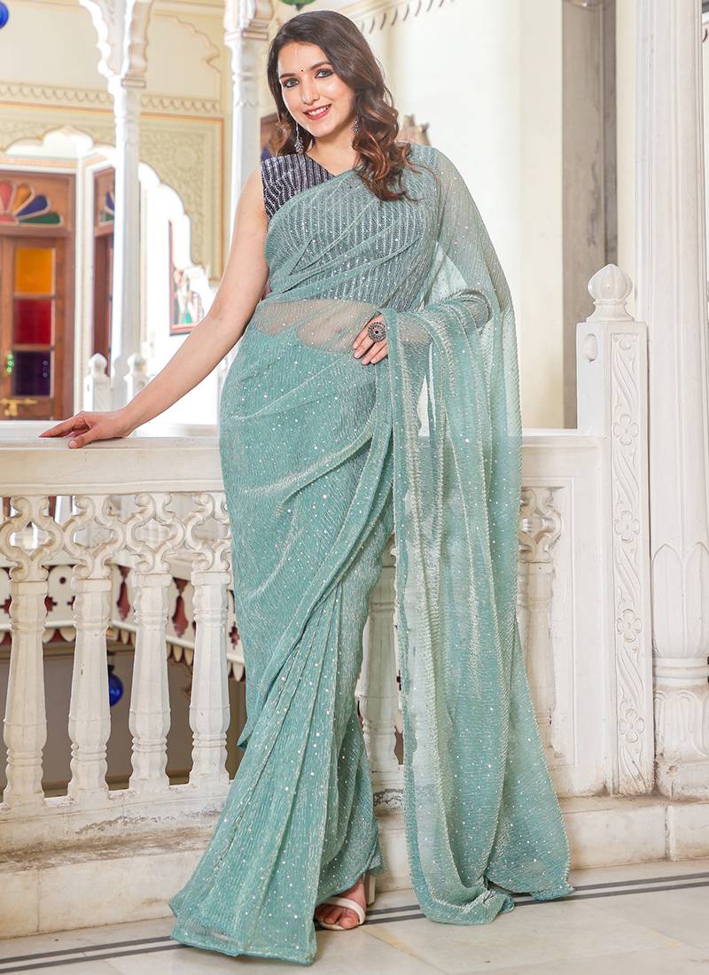 Sky Blue Colour Netting Party Wear Saree - Teeya Creation - 4140912
