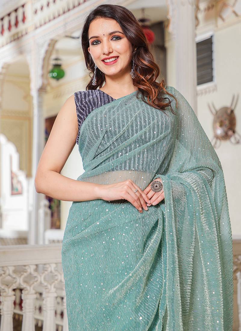 Sky Blue Colour Netting Party Wear Saree - Teeya Creation - 4140912