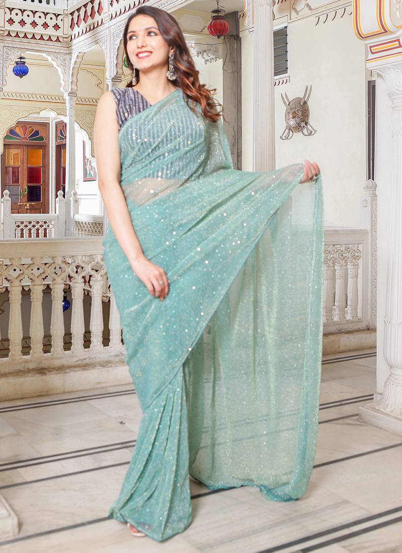 Sky Blue Colour Netting Party Wear Saree - Teeya Creation - 4140912