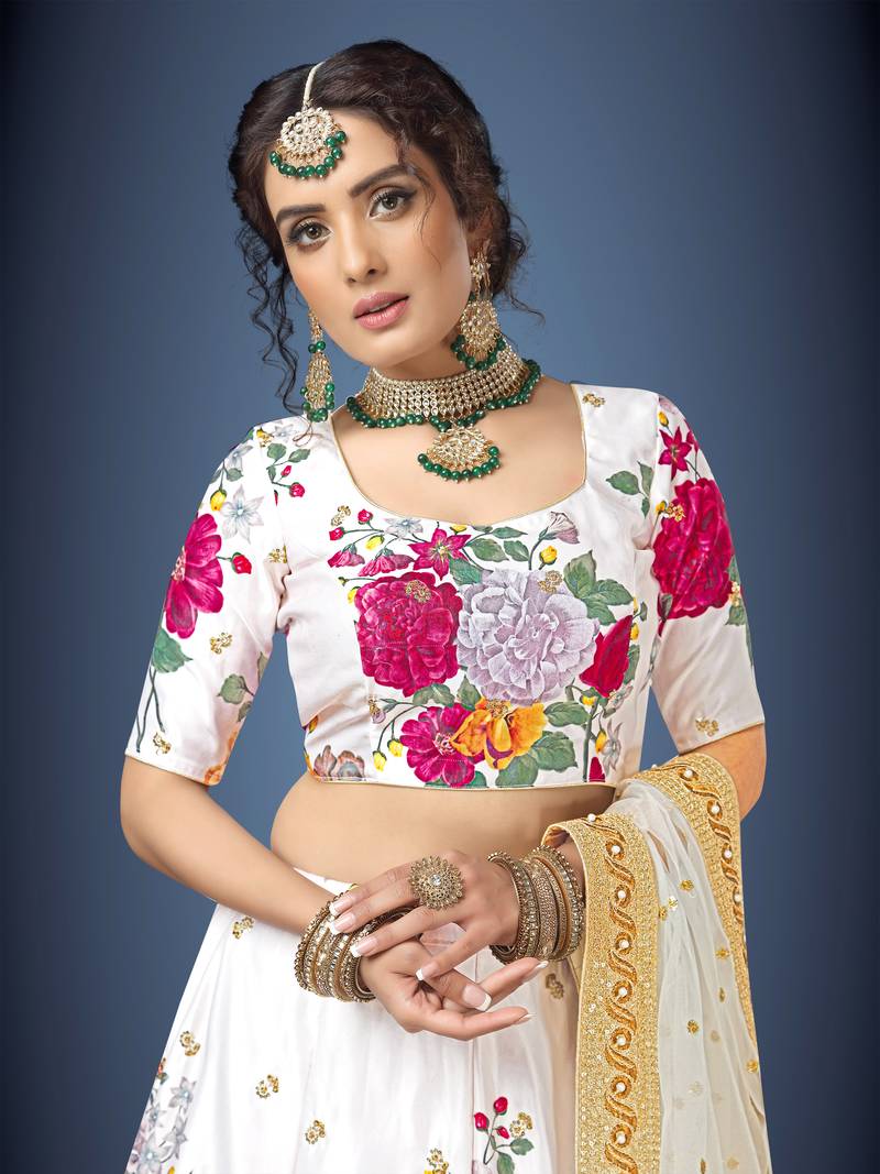 Trendmalls White digital print satin Wedding, Party Wear Semi-stitched ...