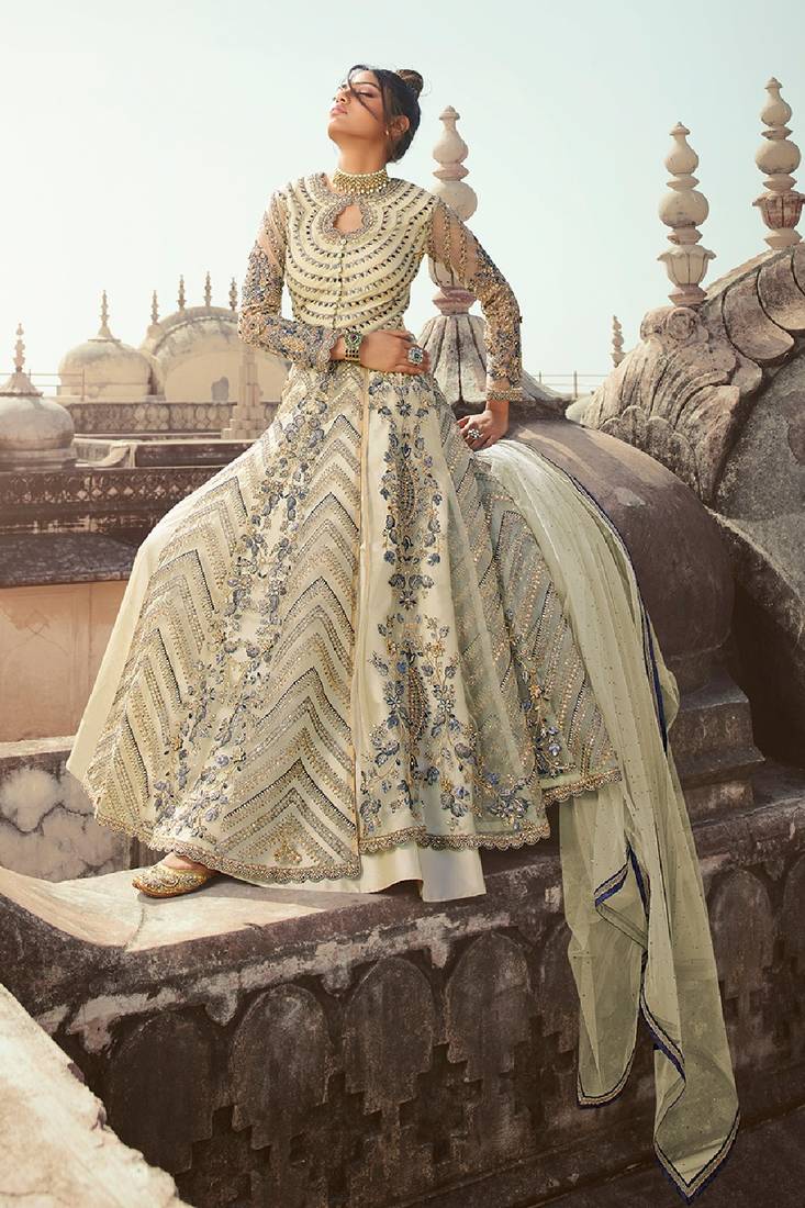 Embroidered Net Designer Ethnic Suit in Off White - Hirpara House - 4142026