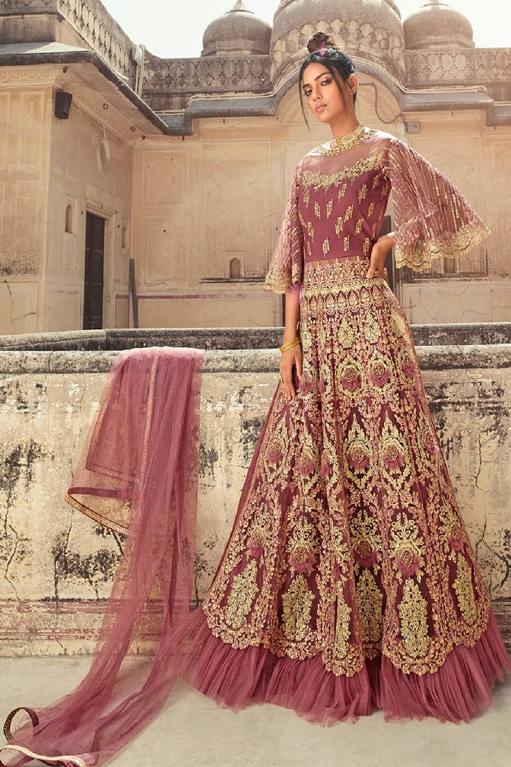 Embroidered Net Designer Ethnic Suit in Mauve - Hirpara House - 4142028