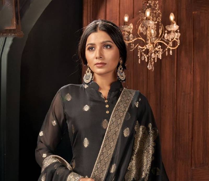 Black Heavy Wevon Designer Viscose Silk unstitched Long Length Kameez ...