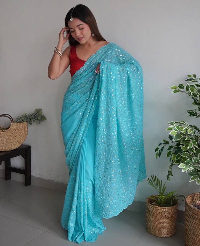 Women Sky Blue Georgette Sequence Embroidered Saree with Unstitched ...