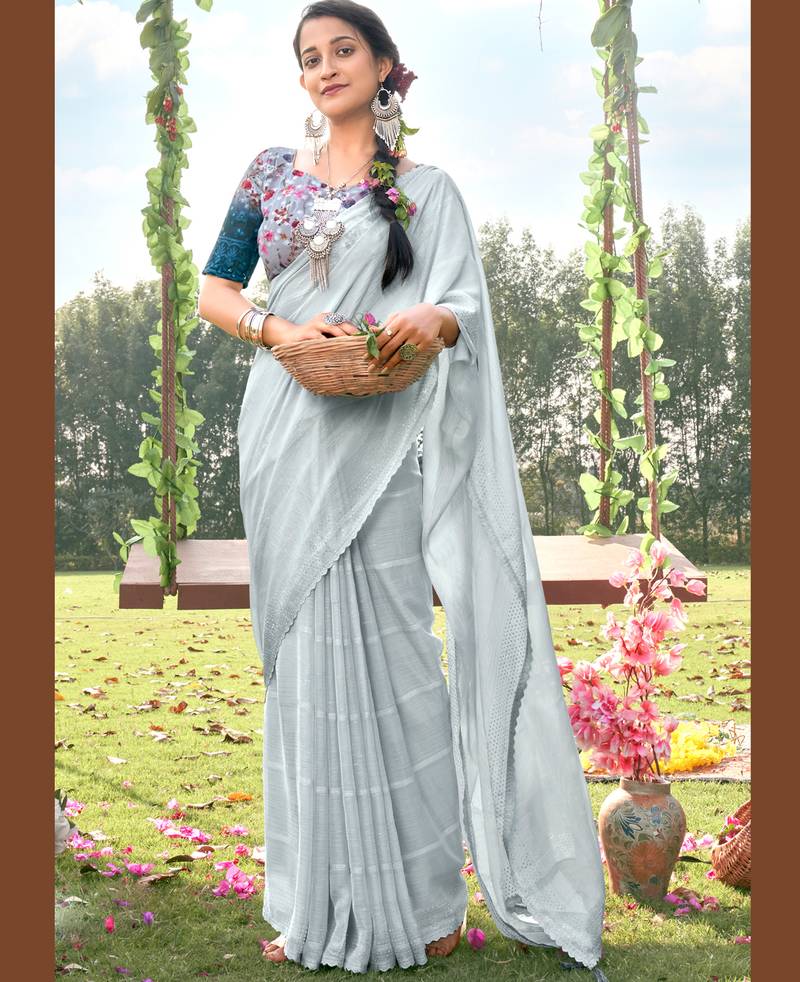 Grey Chiffon Texture Saree With Unstitched Blouse Piece - MOHVOGUE ...
