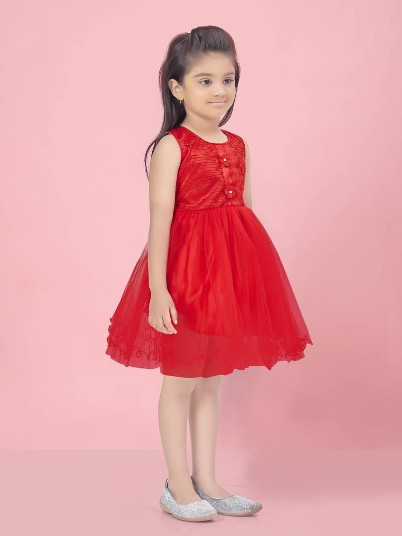 Red embroidered net kids-frocks - Aarika - 4146381