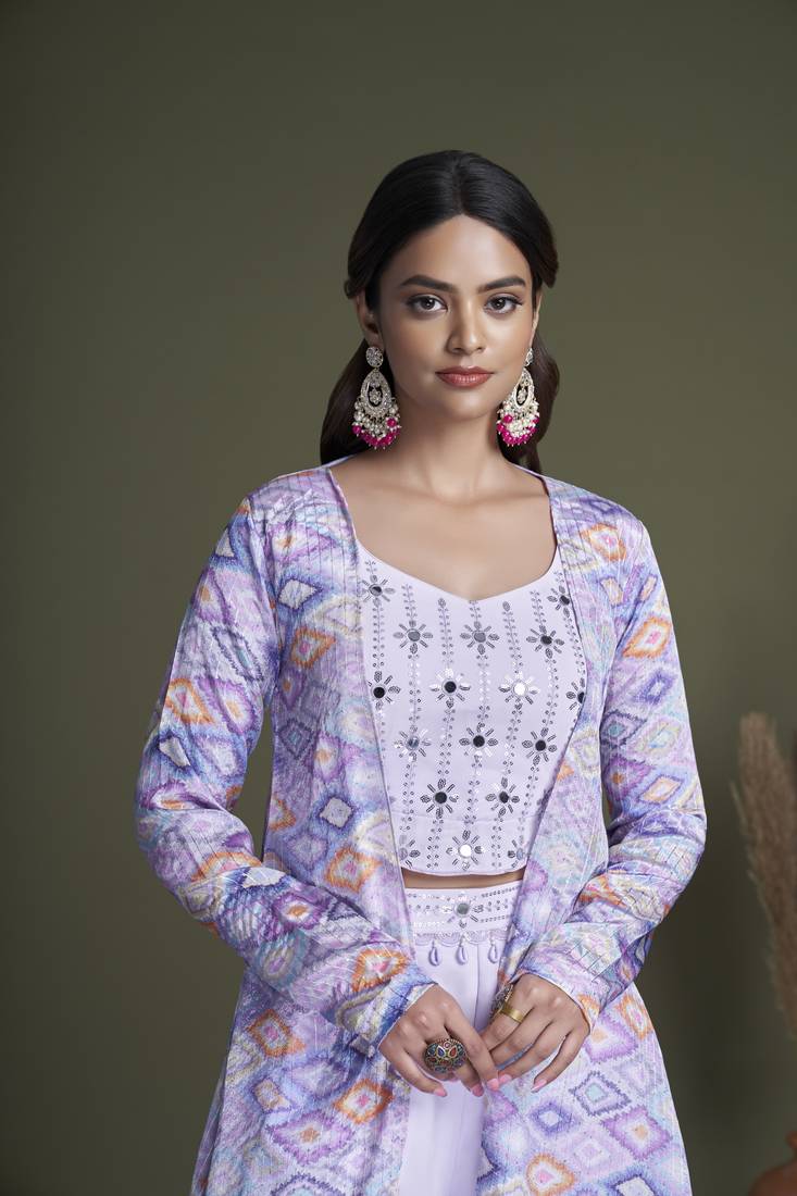 LAVENDER EMBROIDERED WORK GEORGETTE & CHINON CHIFFON LONG SHRUG-KOTI ...