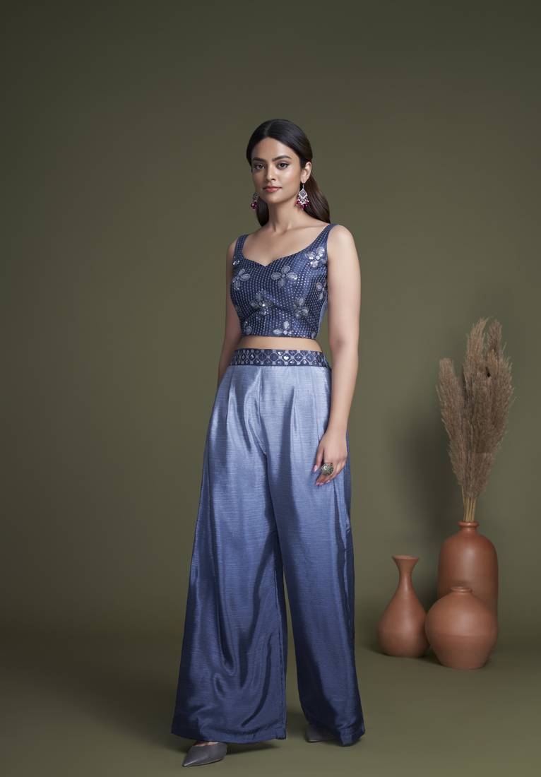 SKY BLUE TO NAVY BLUE EMBROIDERED WORK CHINON CHIFFON LONG SHRUG-KOTI ...