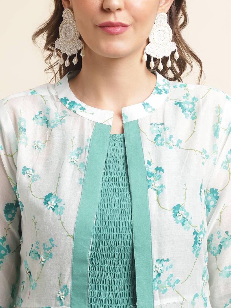 Light Blue Cotton Solid Flared Dress with Printed Shrug - MOHVOGUE ...