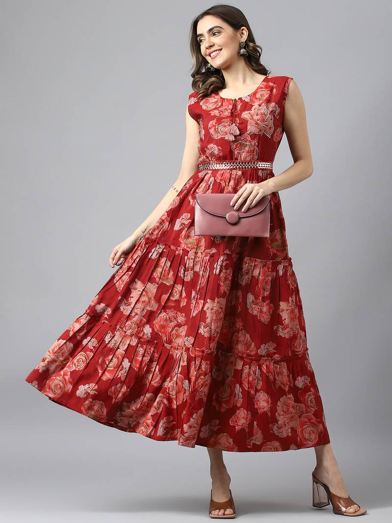 Red Chanderi Floral Printed Fit & Flare Dress - MOHVOGUE - 4152858