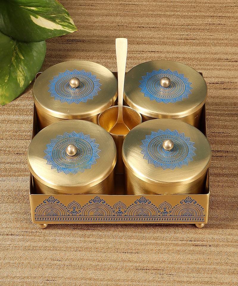 Dohar Brass Condiment Jars With Tray,Spoon Holder & Spoon (Blue ...