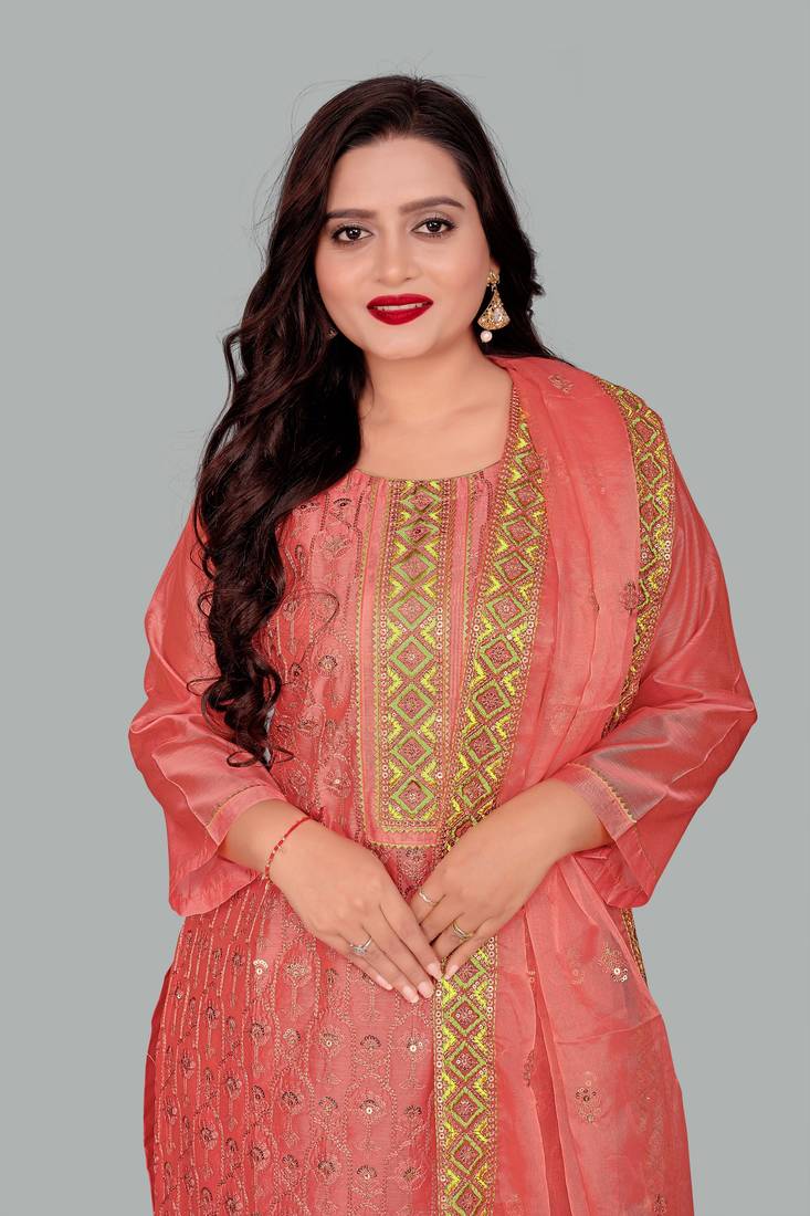 Tomato Red Colour Heavy Modal Chanderi Sequence Embroidered Designer ...