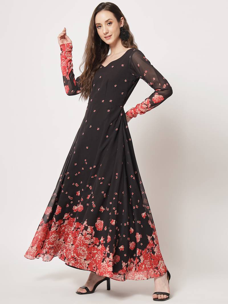 Black & red fit and flared georgette maxi gown dress - BLACK SCISSOR ...