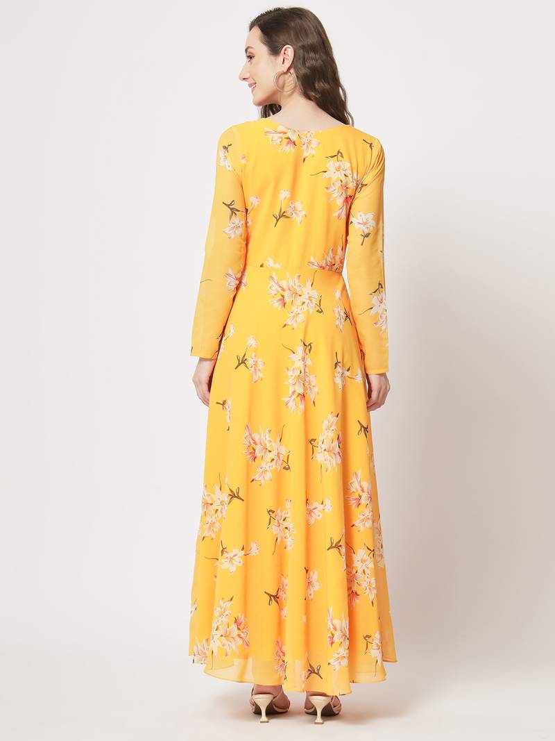 Cyber yellow fit & flared floral printed maxi gown dress - BLACK ...