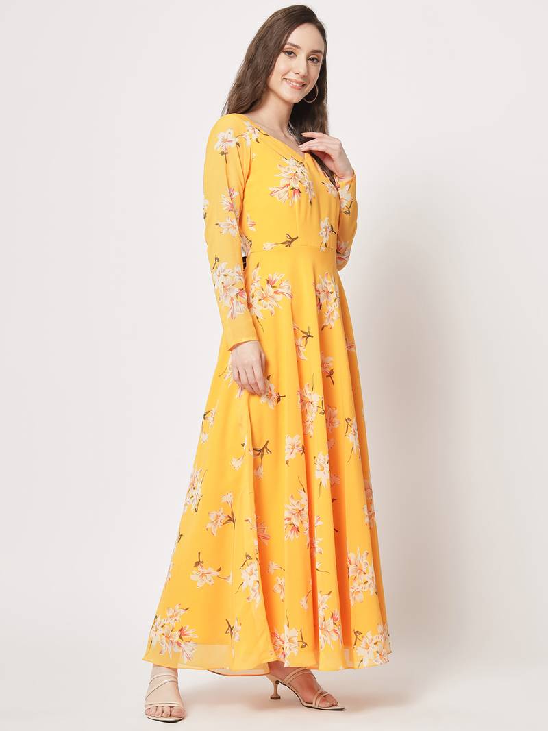 Cyber yellow fit & flared floral printed maxi gown dress - BLACK ...