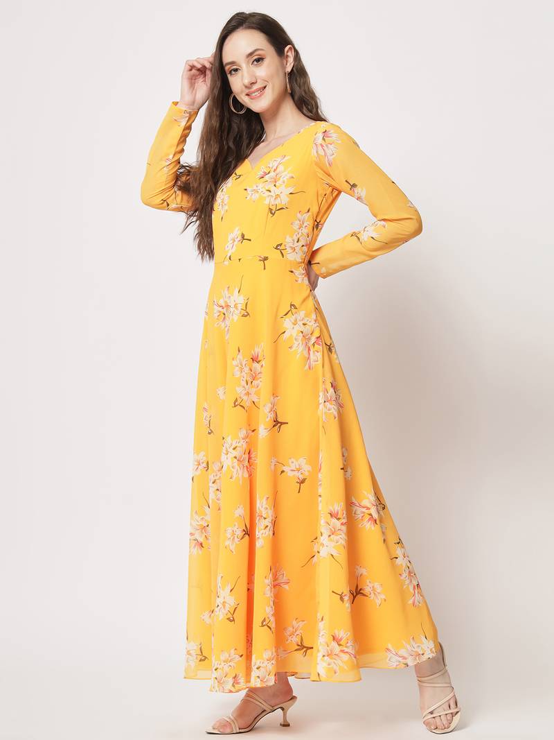 Cyber yellow fit & flared floral printed maxi gown dress - BLACK ...