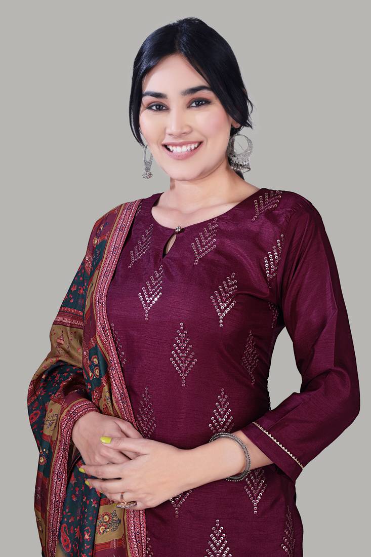 Wine Colour Dola Silk Embroidered Designer Straight Suits - V B SONS ...