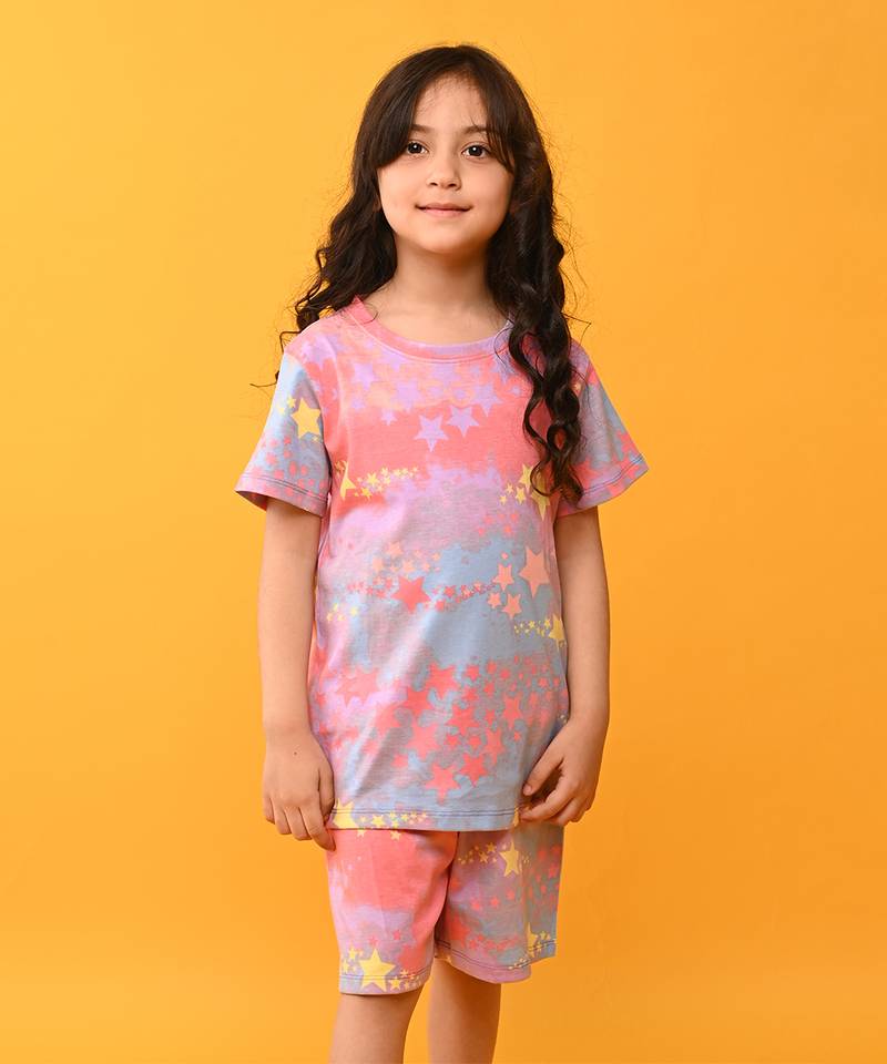 Pink tie dye star girls sleepwear shorts set - ANTHRILO - 4157628