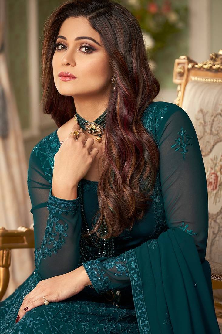 Dark Aqua Blue Designer Georgette Anarkali Salwar Suit - Hirpara House ...