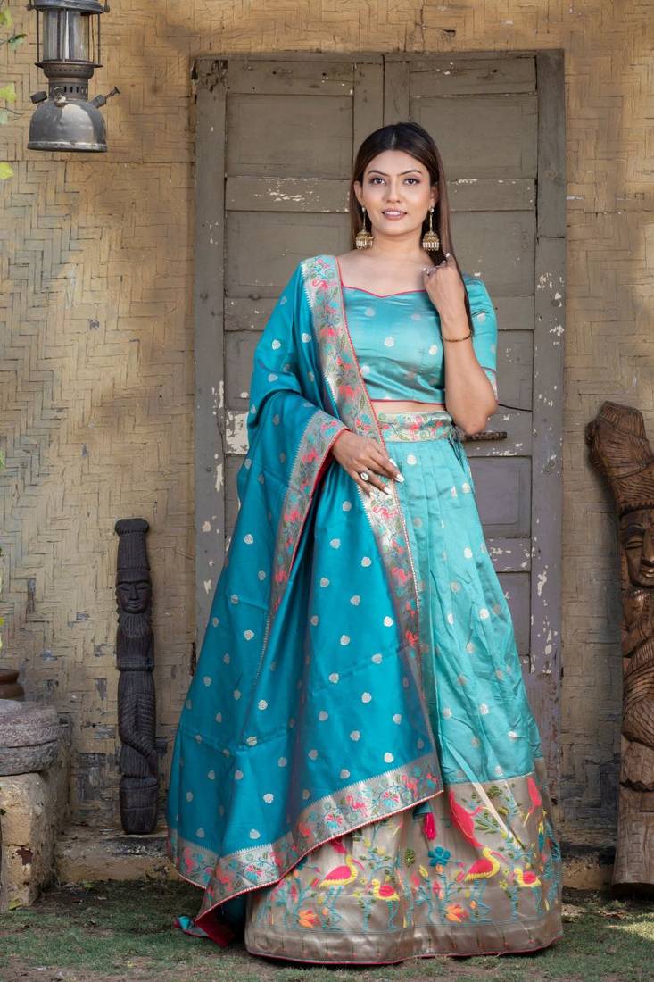 Firozi Color Paithni Silk Weaving Work Lehengacholi With Unstitched ...
