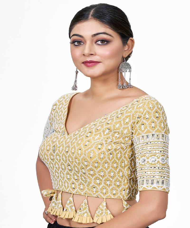 Beige Embroidered Georgette Sequinced Saree Blouse - ShopGarb - 4159105