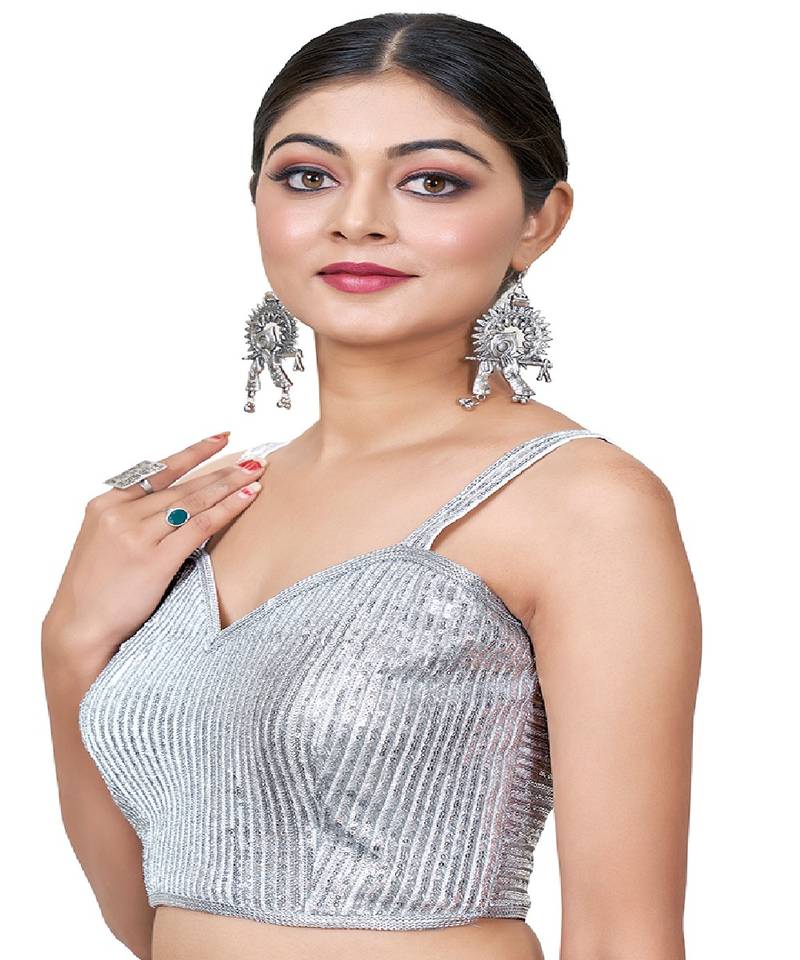 Silver Designer Sequence Saree Blouse - ShopGarb - 4159113