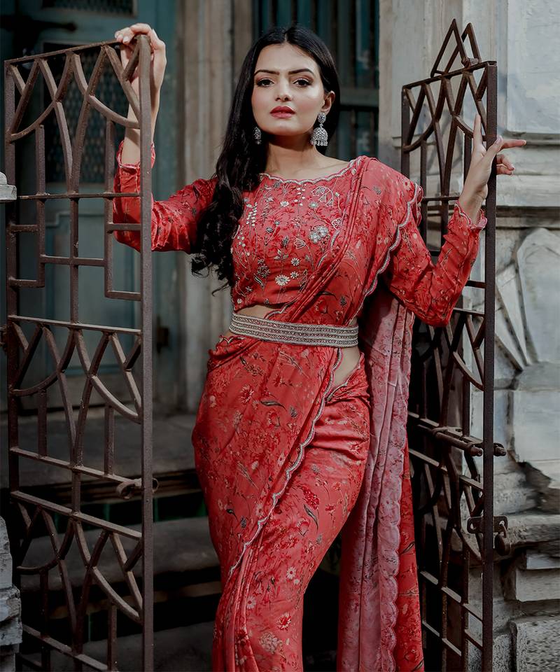 Cherry Red Floral Print Saree - SAANGI BY SHUBHANGI - 4019752