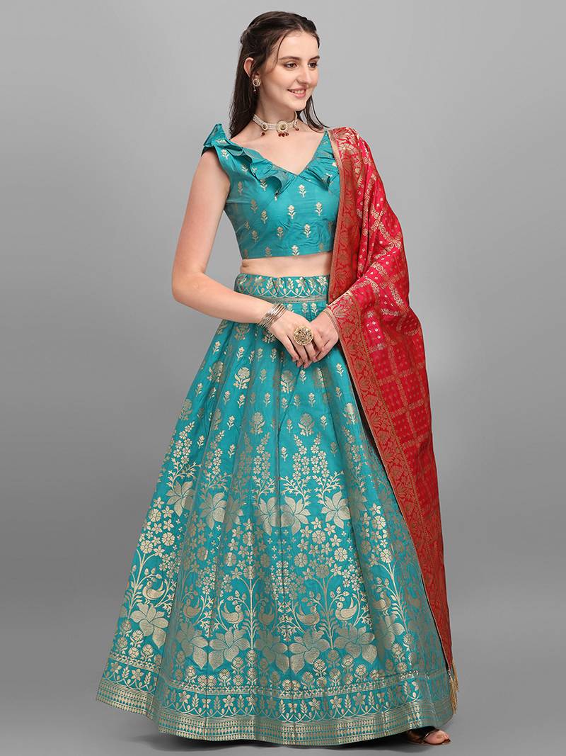 Turquoise Colour Jacquard Fabric Weaving Lehenga Choli - Monjolika ...