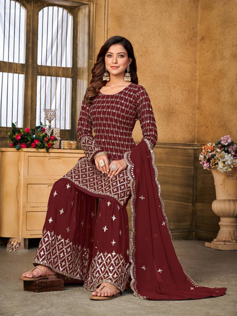 Designer sharara salwar kameez embroidered georgette in red - Monjolika ...