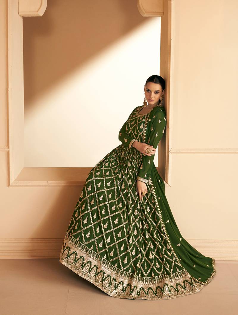 Mehendi green color gerogette anarkali salwar kameez for festive ...