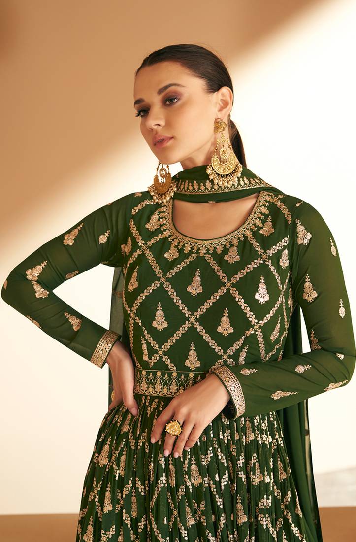 Mehendi green color gerogette anarkali salwar kameez for festive ...