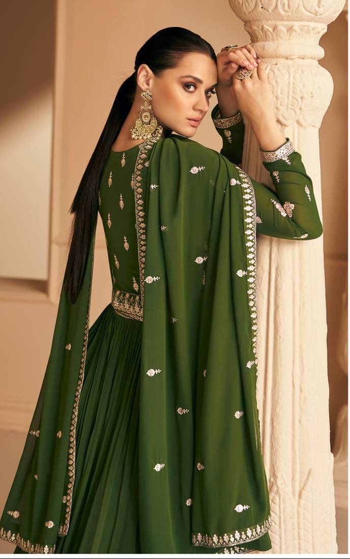 Mehendi green color gerogette anarkali salwar kameez for festive ...