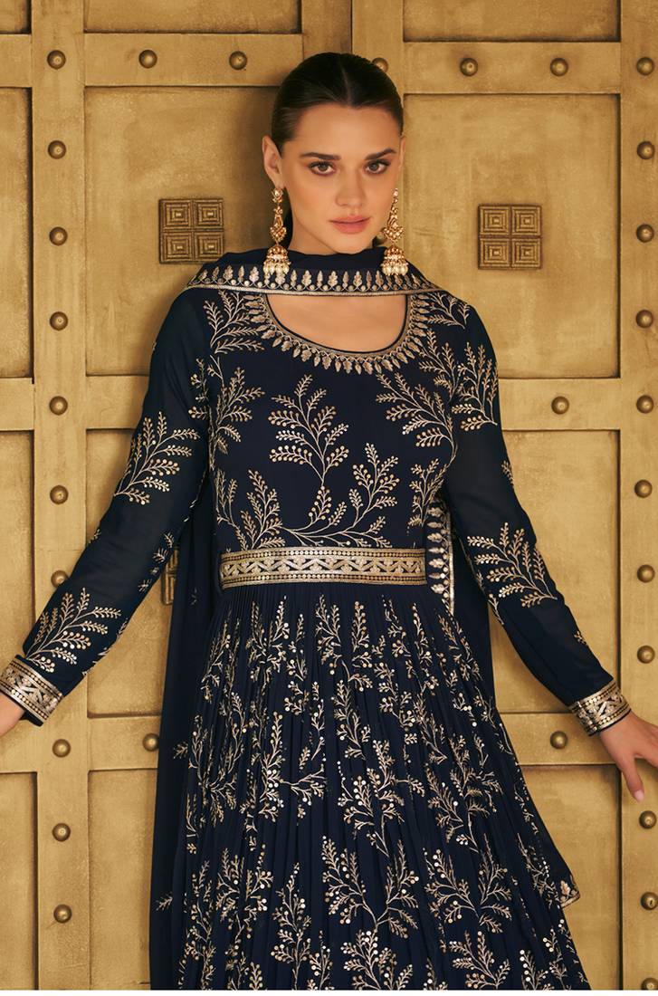 Navy blue color gerogette anarkali salwar kameez for festive ...
