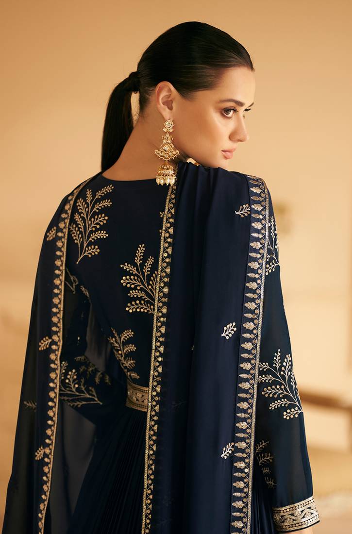 Navy blue color gerogette anarkali salwar kameez for festive ...
