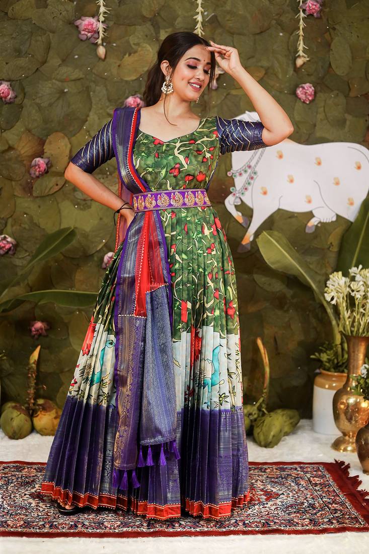 BK Mandhakini Pattu Dress With Dupatta and Belt Set - Bullionknot - 4161059