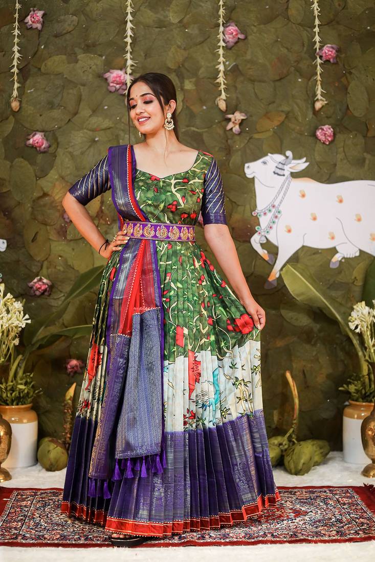 BK Mandhakini Pattu Dress With Dupatta and Belt Set - Bullionknot - 4161059