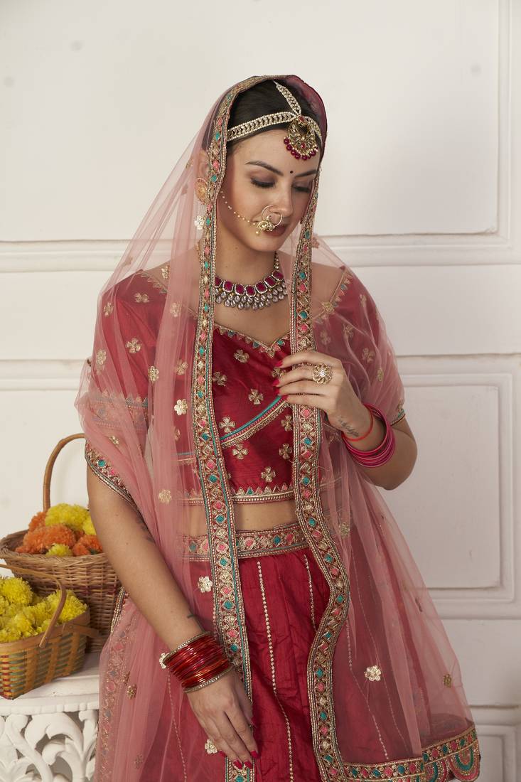 Function Wear Designer Maroon Taffeta silk Hand Work/ Embroidery Work ...