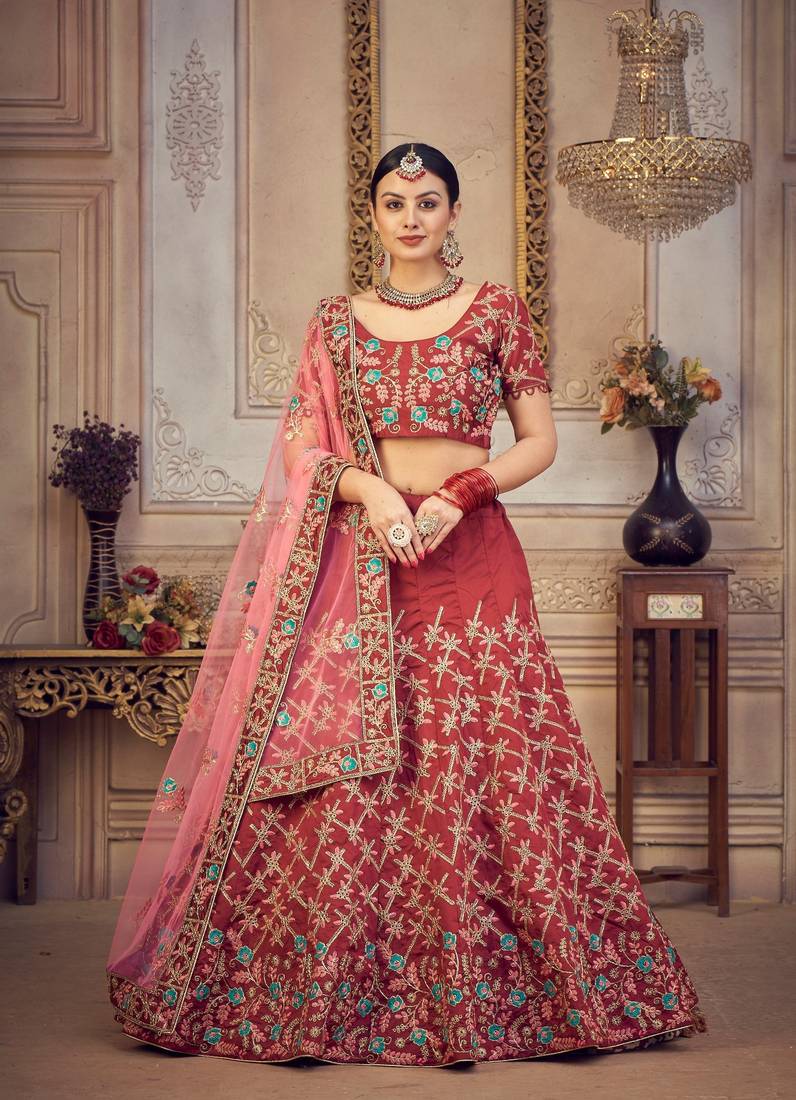 Function Wear Designer Maroon Taffeta Silk Embrodeiry Work Lehenga ...
