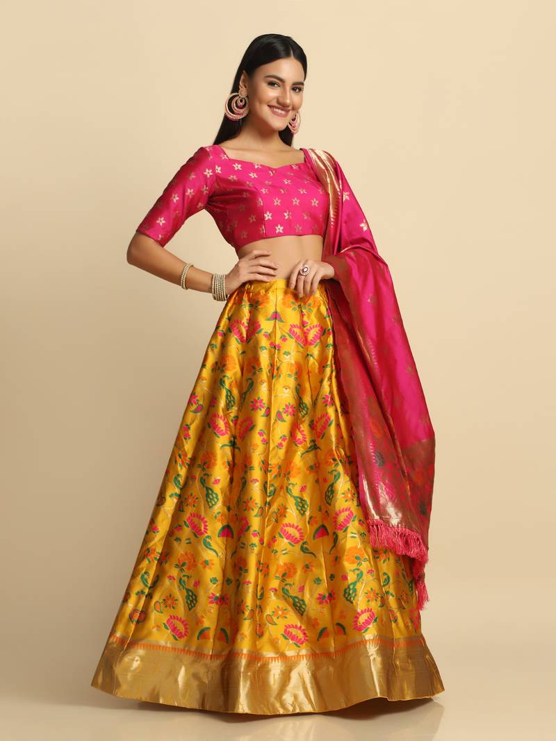 Function Wear Designer Yellow Jacquard Silk Gold Woven Work Lehenga ...