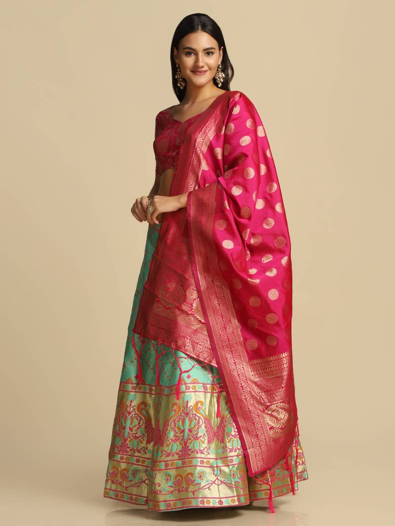 Function Wear Designer Pista Green Jacquard Silk Gold Woven Work ...