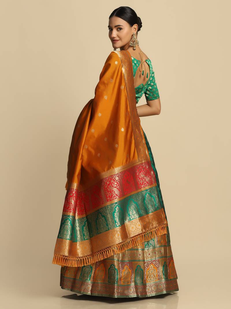 Function Wear Designer Green Jacquard Silk Gold Woven Work Lehenga ...