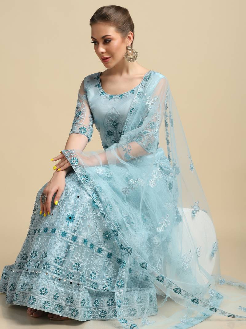 Function Wear Designer Sky Blue Net Embroidery/ Mirror Work Lehenga ...
